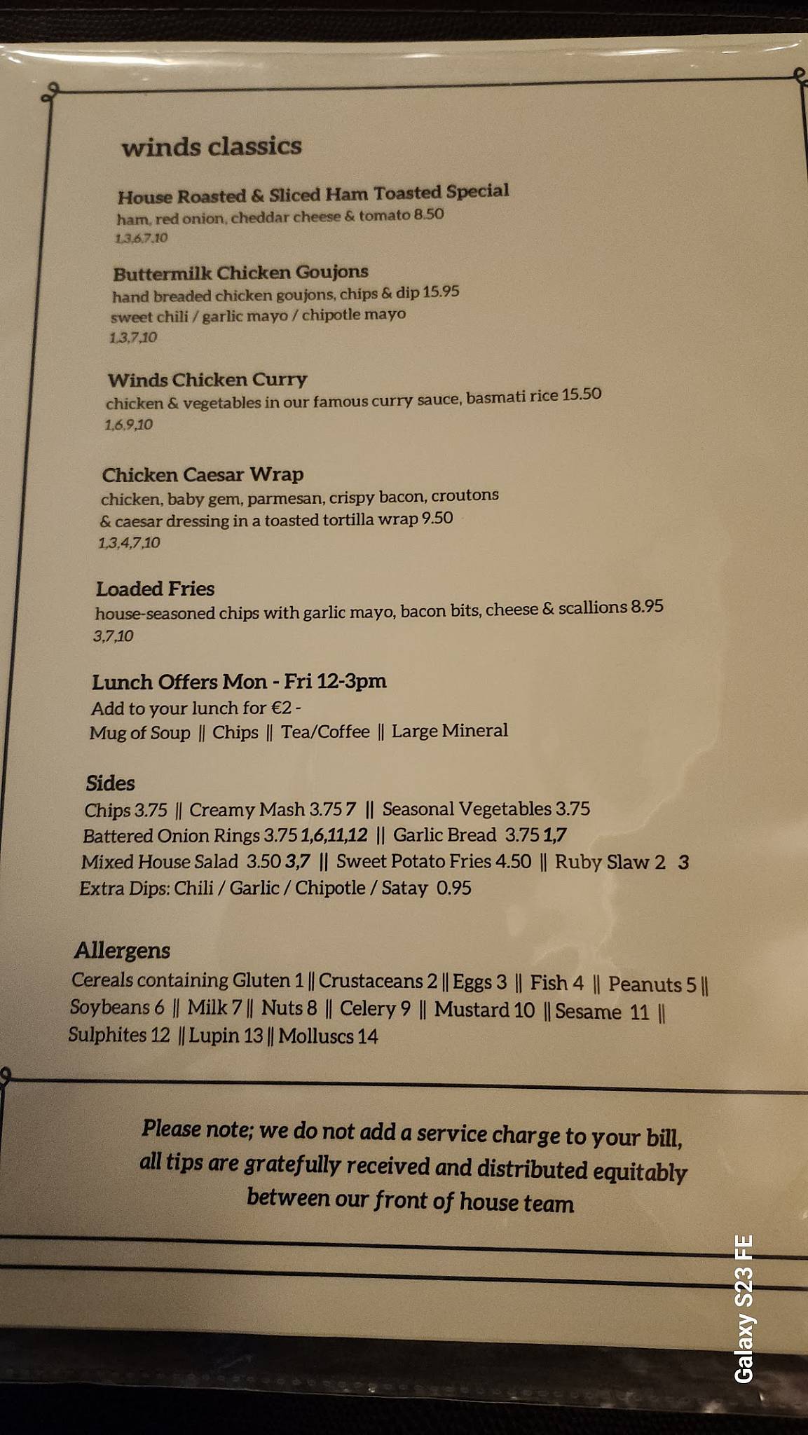 Menu at Cascada Restaurant, Ireland