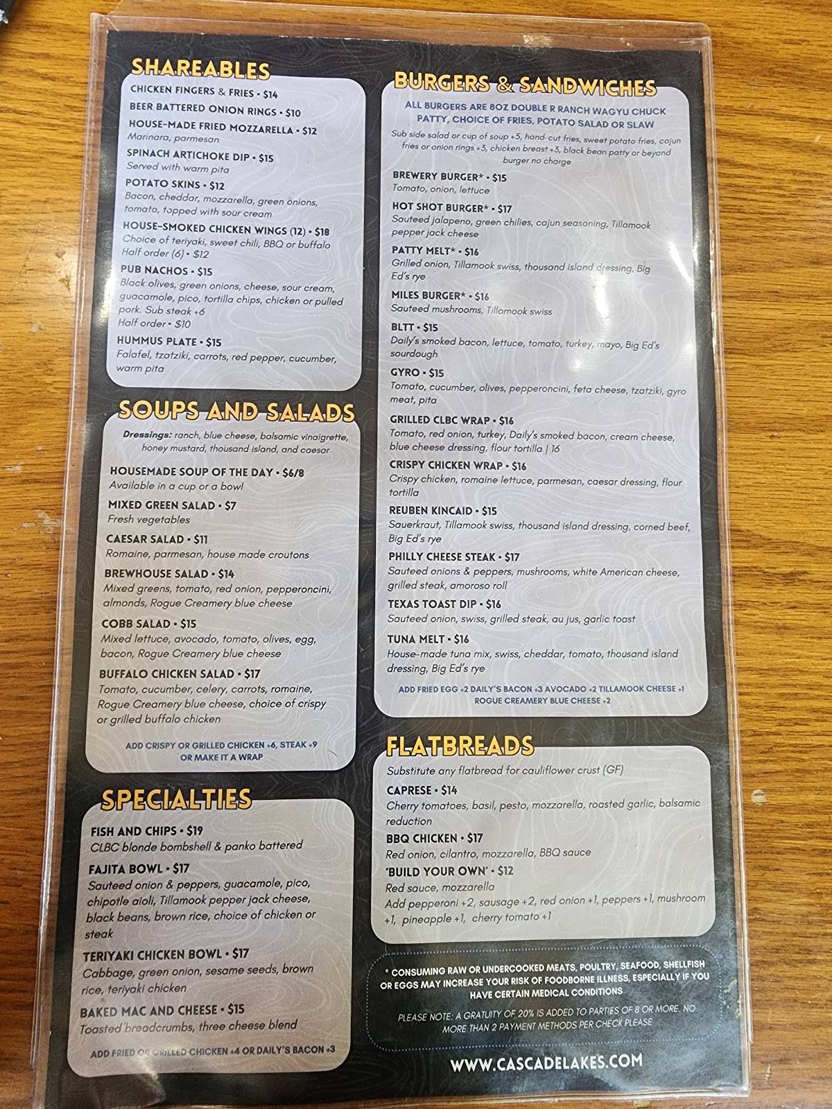 Menu at Cascade Lakes Pub at 7th St, Redmond