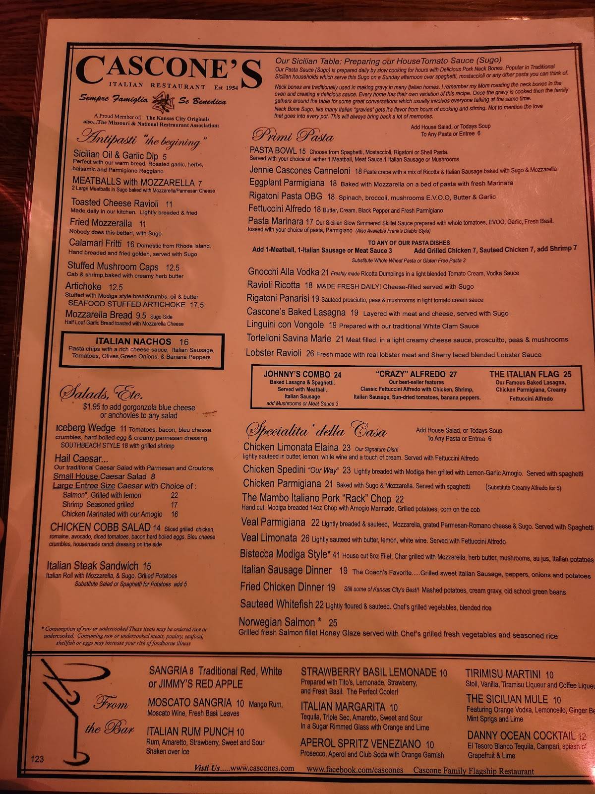 Menu at Cascone's restaurant, Kansas City, N Oak Trafficway