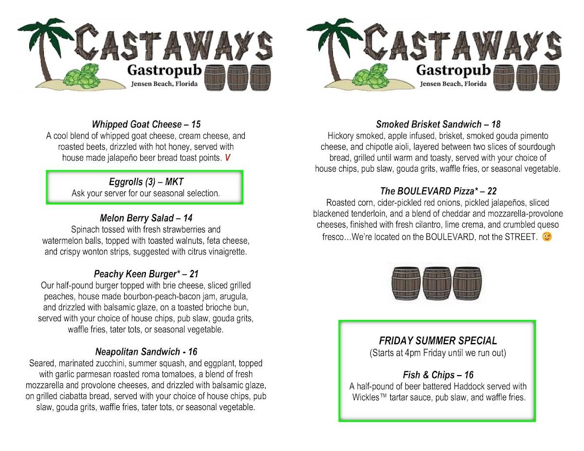 Menu at Castaways Gastropub, Jensen Beach
