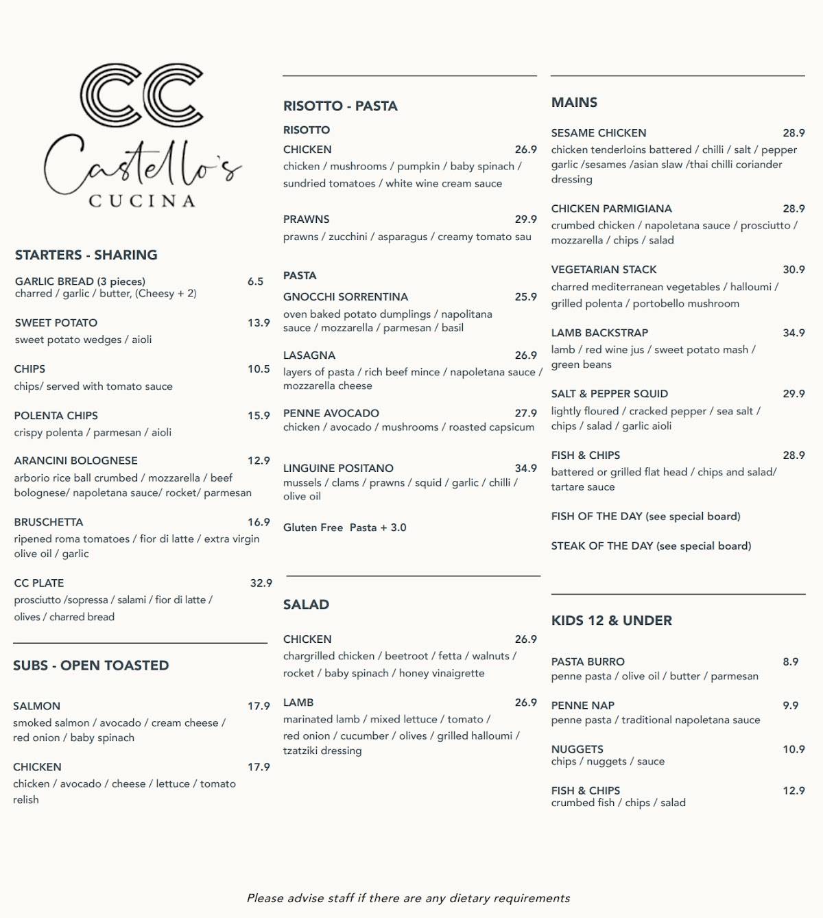 Menu at Castello's Cucina restaurant, Fullarton