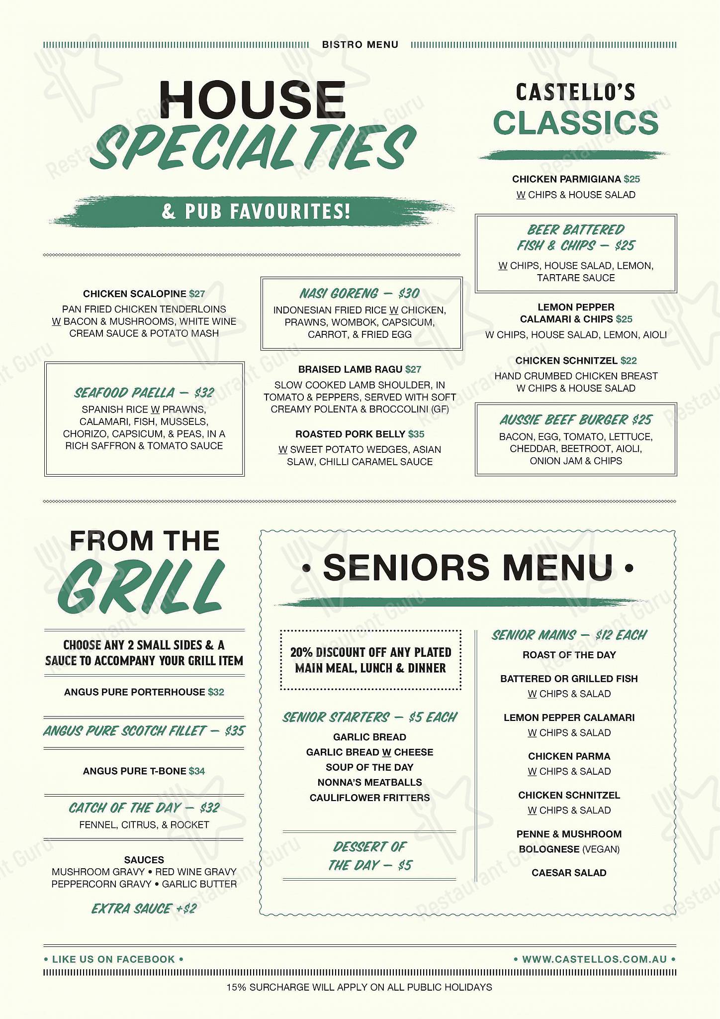 Menu at Castello's Victorian Tavern pub & bar, Gisborne