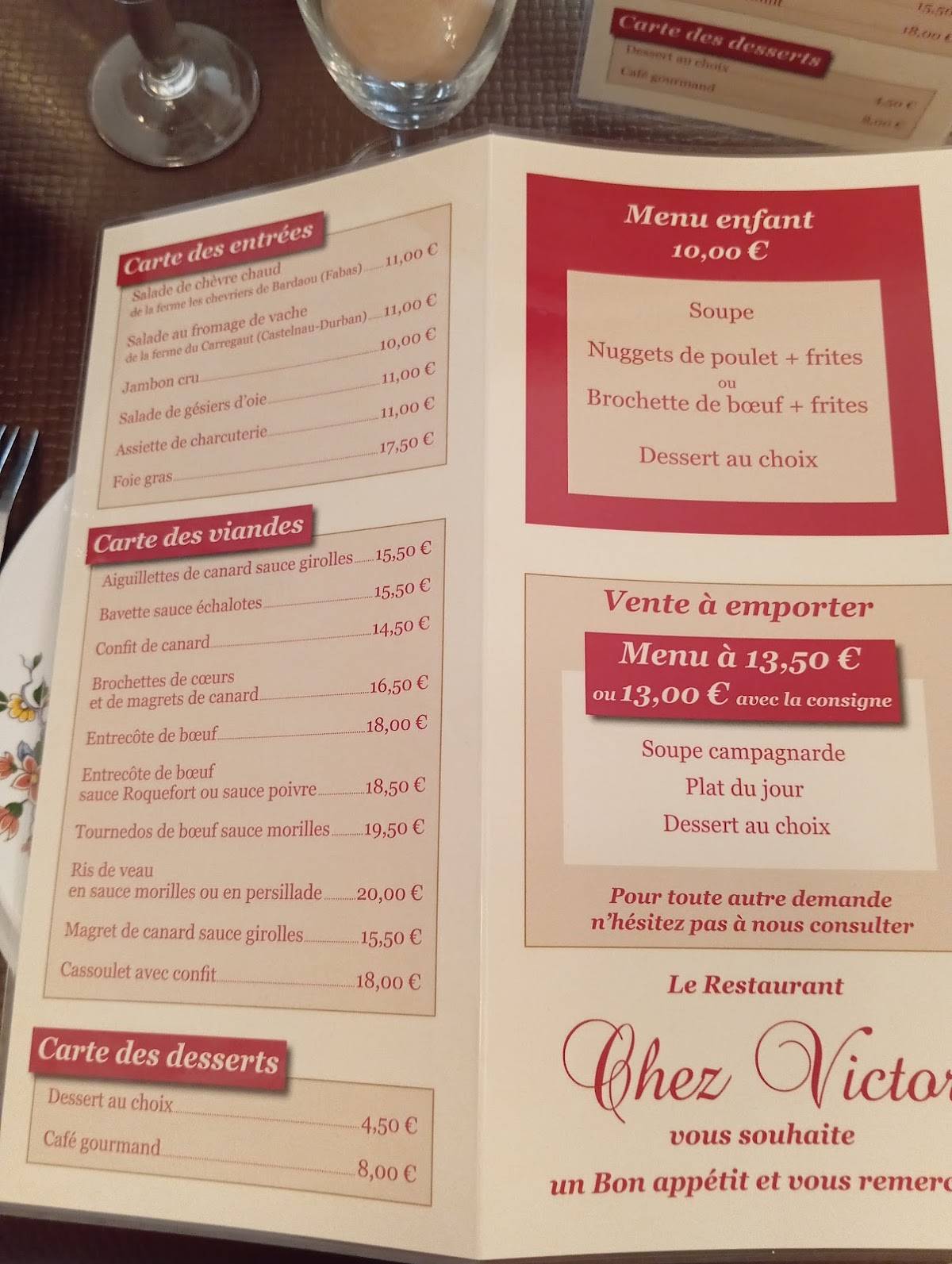 Menu au Restaurant Chez Victor, Castelnau-Durban