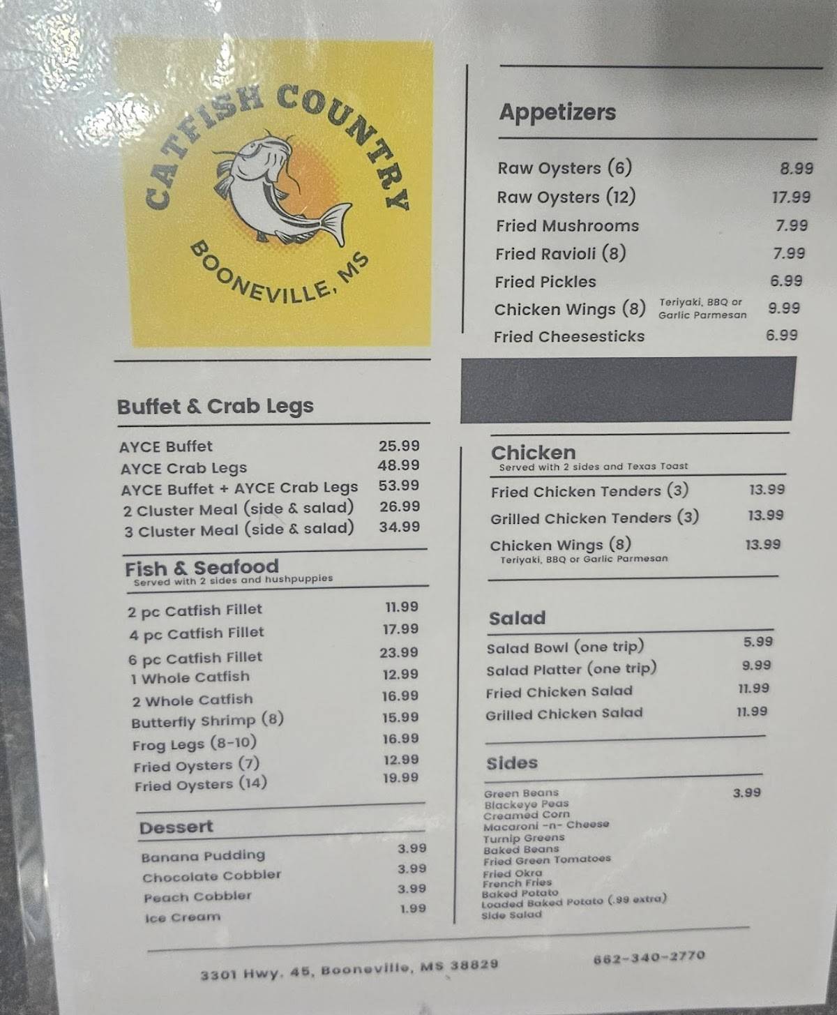 Menu at Catfish Country restaurant, Booneville, US-45