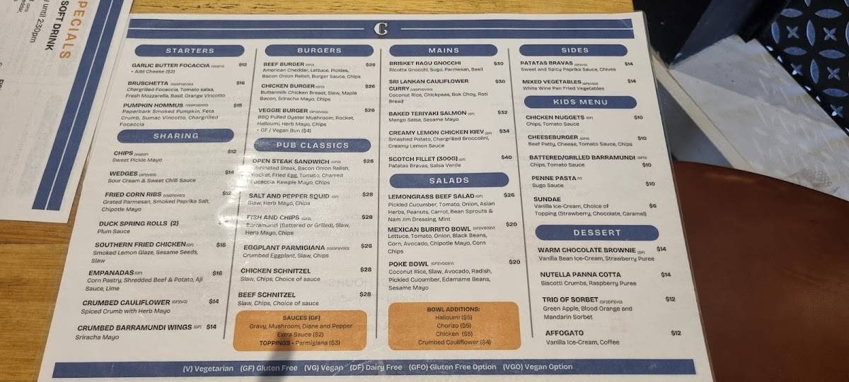 Menu at Cathedral Hotel pub & bar, North Adelaide, 45 Kermode St