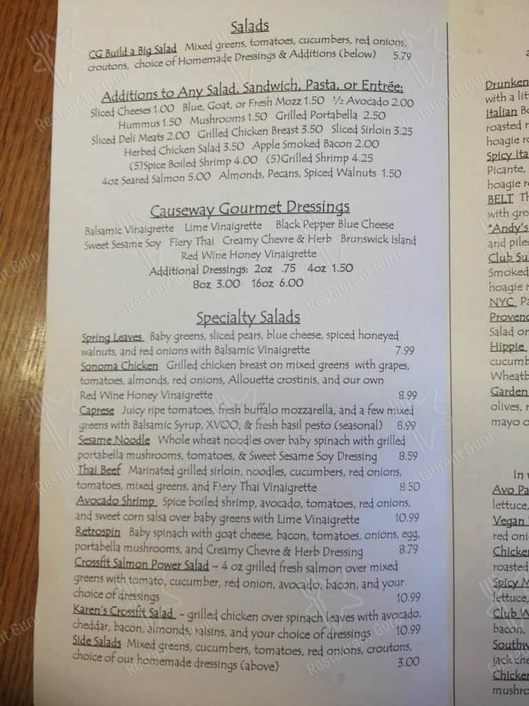 Menu at Causeway Gourmet restaurant, Ocean Isle Beach