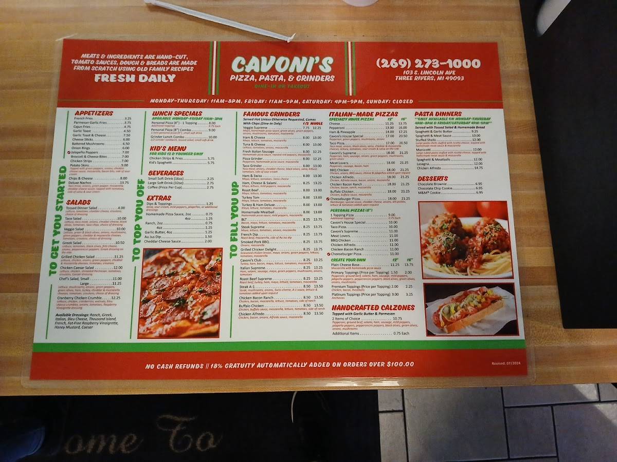 Menu at Cavoni's Pizza pizzeria, Three Rivers