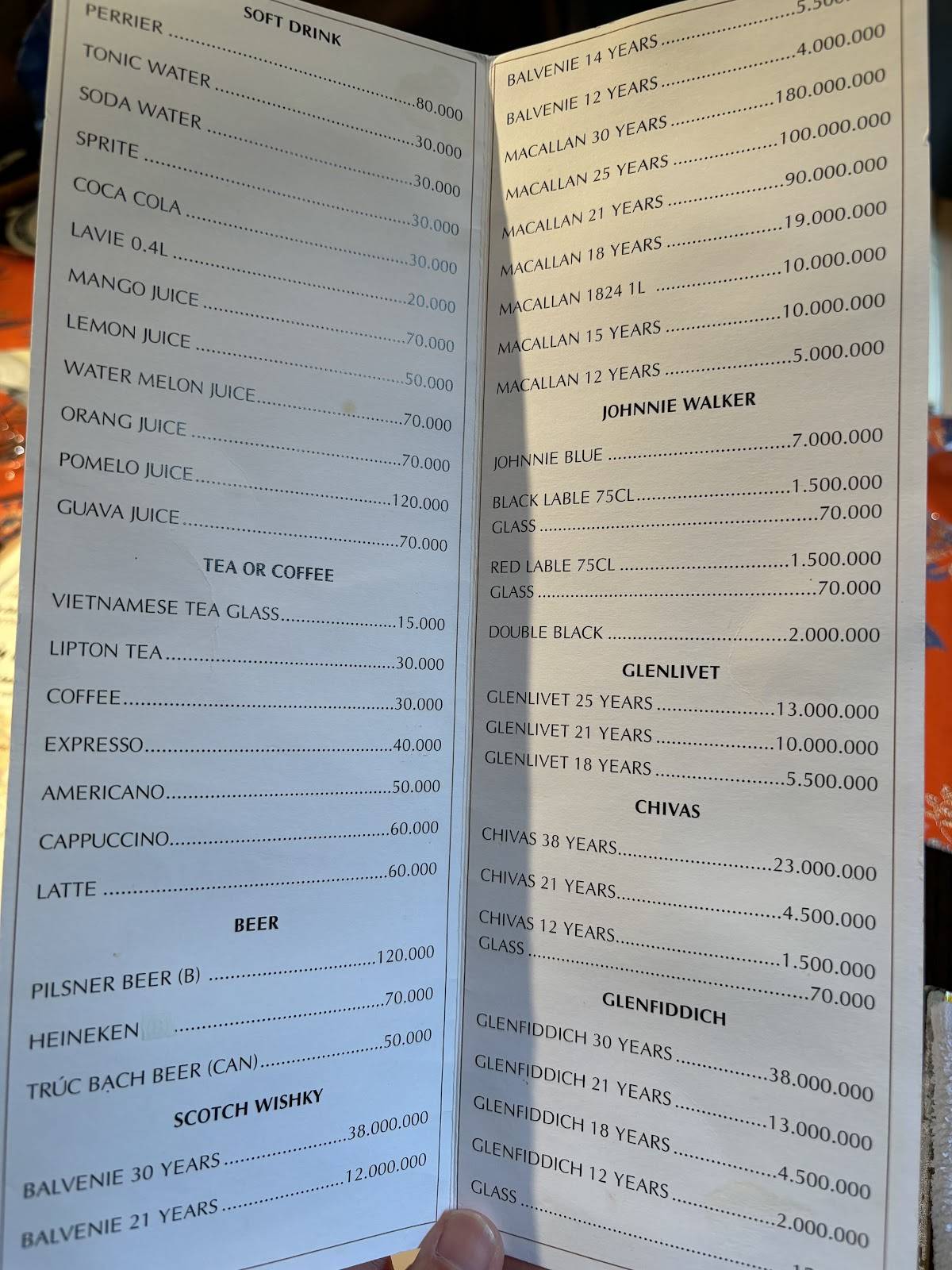 Menu at Cay Cau Restaurant, Hanoi, 17 Trần Hưng Đạo