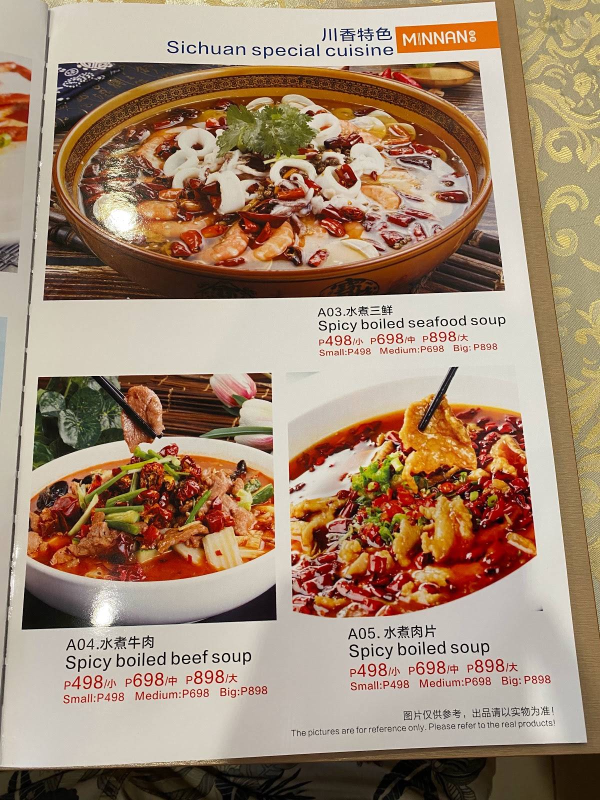 Menu at Minnan Seafood restaurant, Cebu City