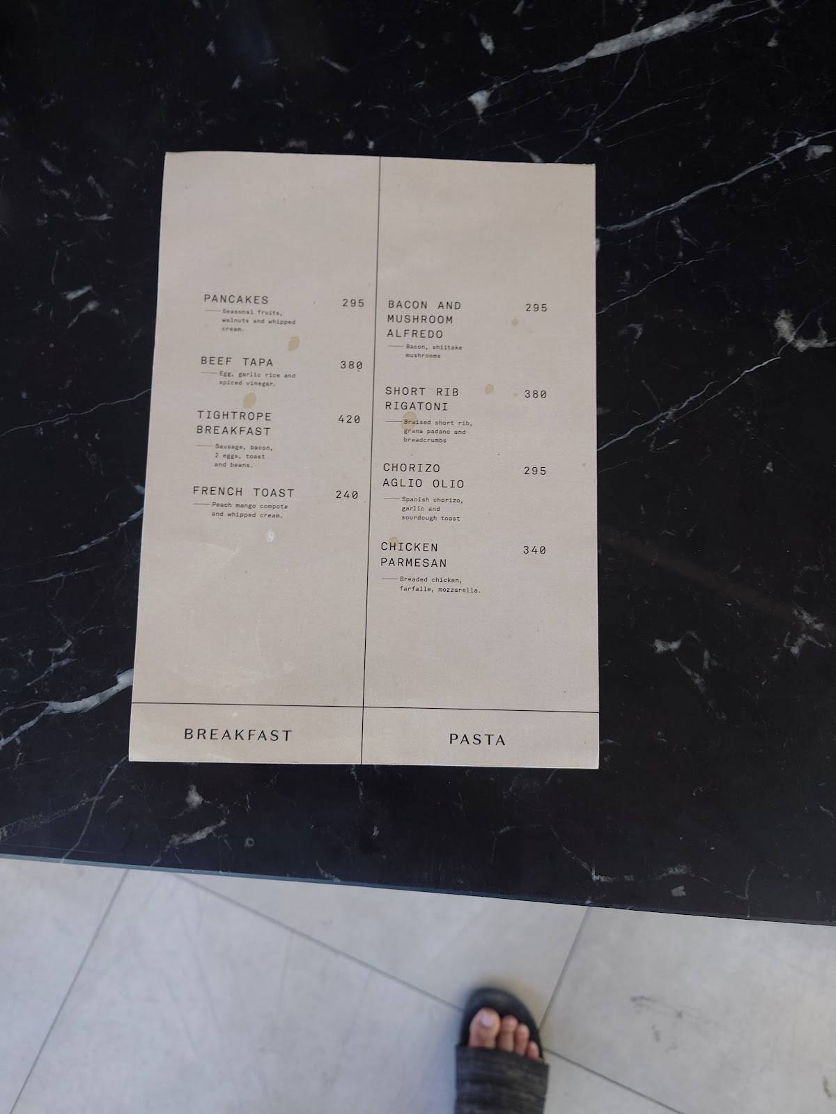 Menu at Tightrope Coffee cafe, Cebu City, M. L. Quezon Avenue