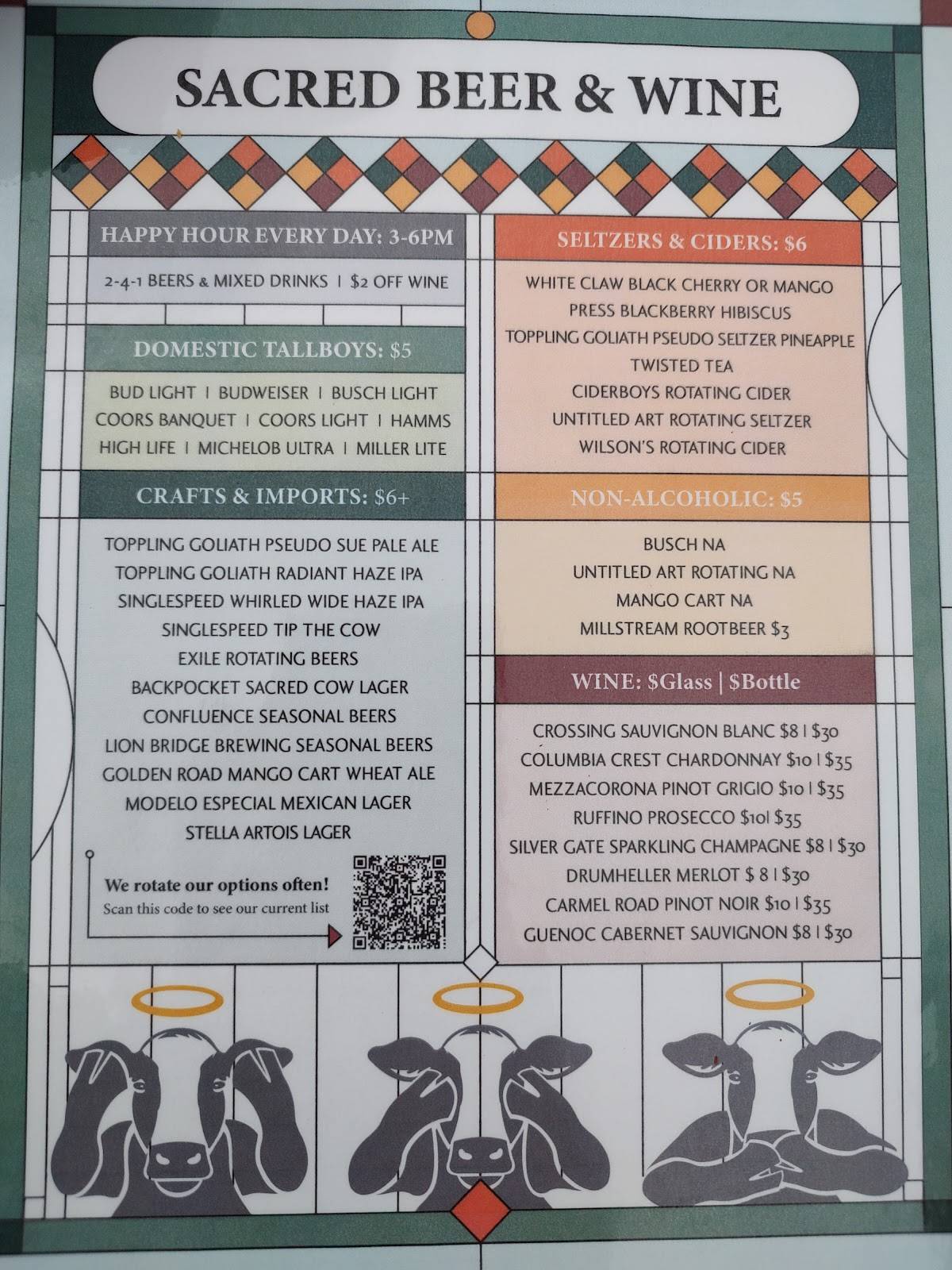Menu at Sacred Cow Tavern pub & bar, Cedar Rapids