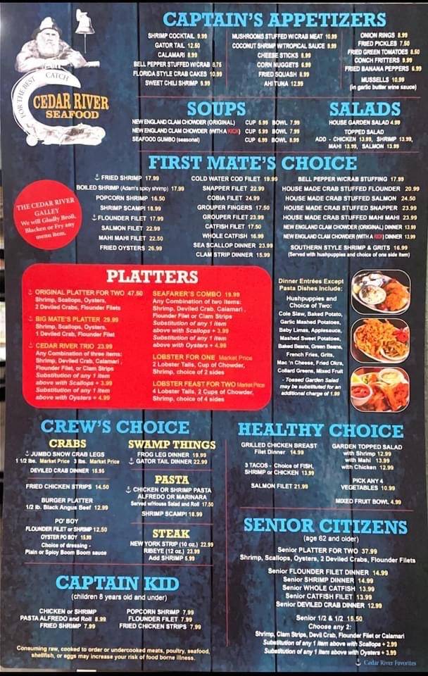 Menu at Cedar River Seafood restaurant, Fernandina Beach, Sadler Rd