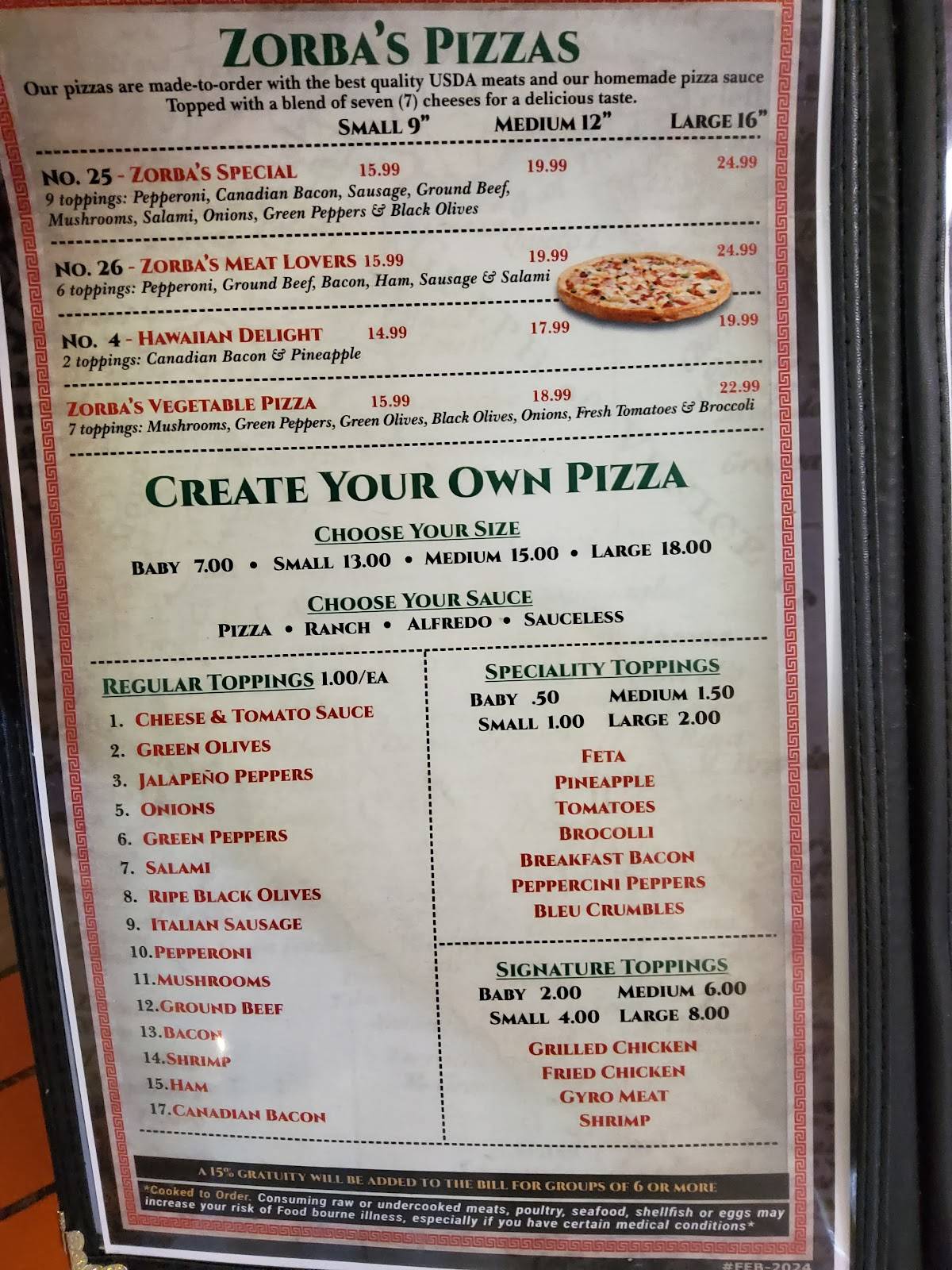 Menu at Zorba's restaurant, Cedartown