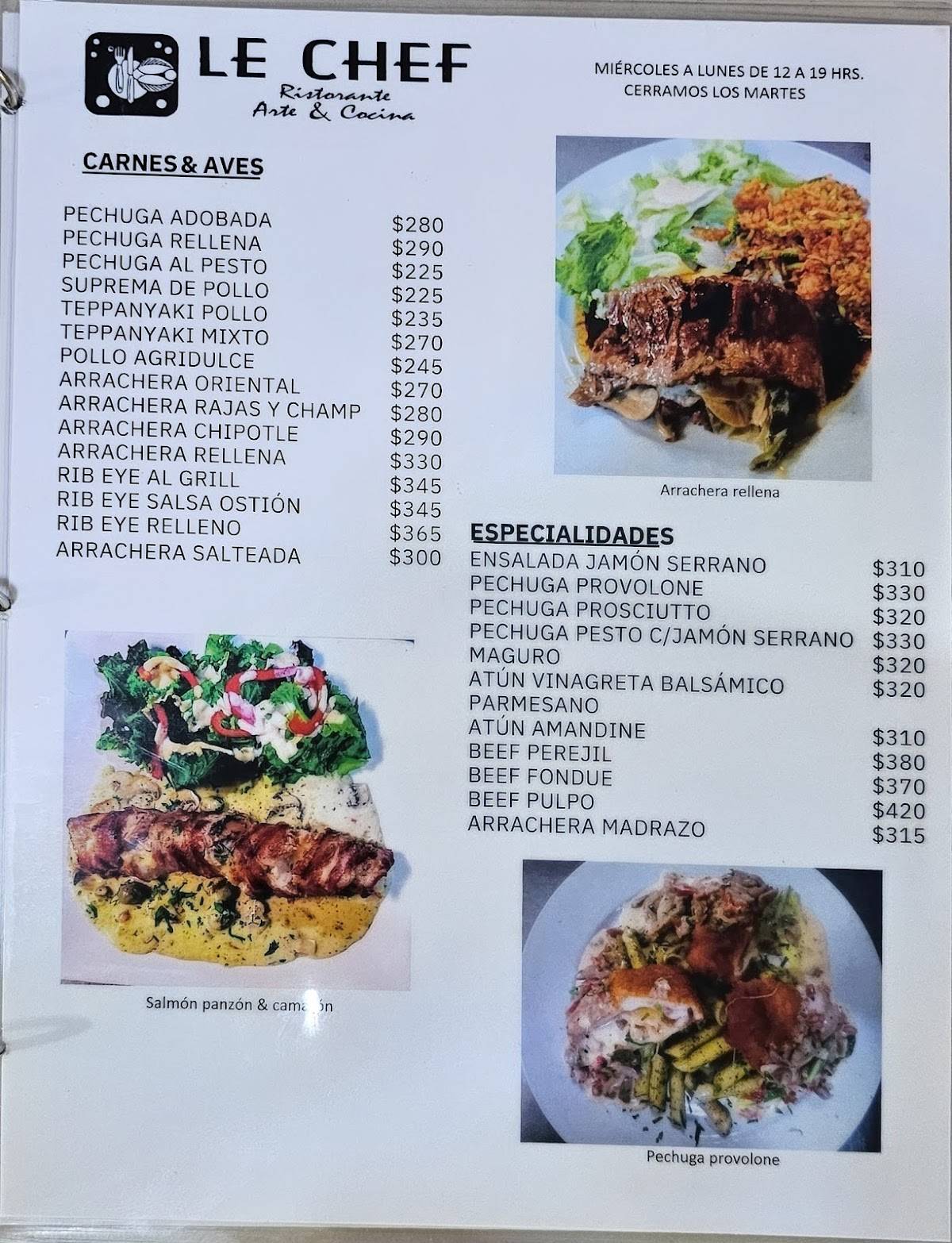 Carta del restaurante Le Chef, Celaya, Guadalupe Victoria 211