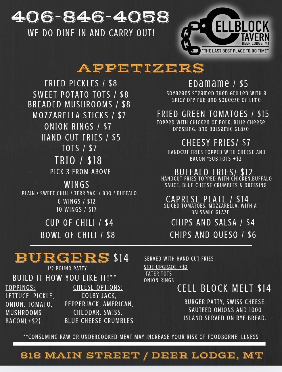 Menu at Cell Block Tavern Deer Lodge, MT pub & bar, Deer Lodge