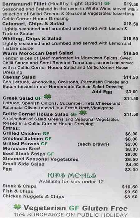Menu at Celtic Corner Bar & Bistro, Manly