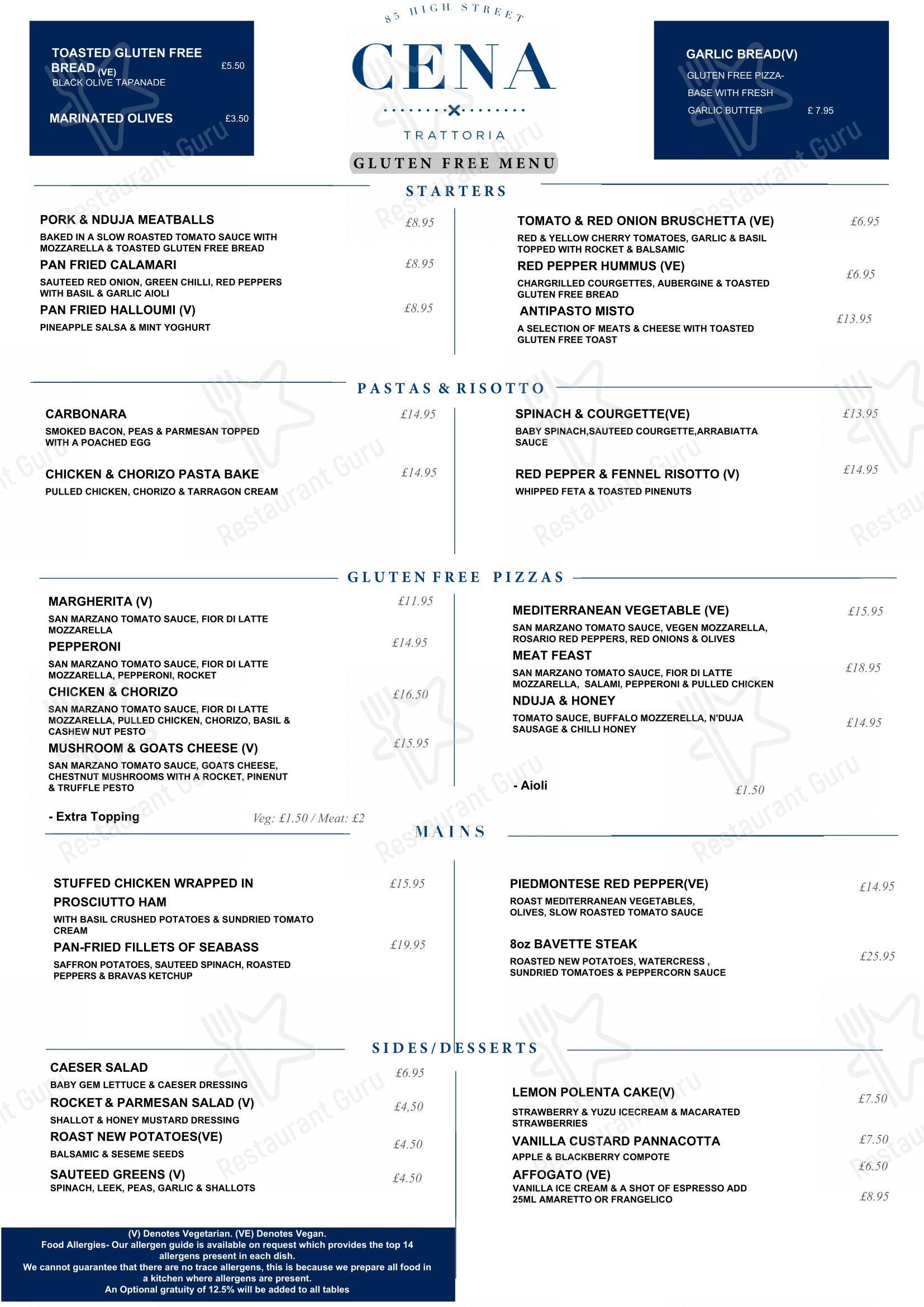 Menu at Cena Trattoria restaurant, Yarm