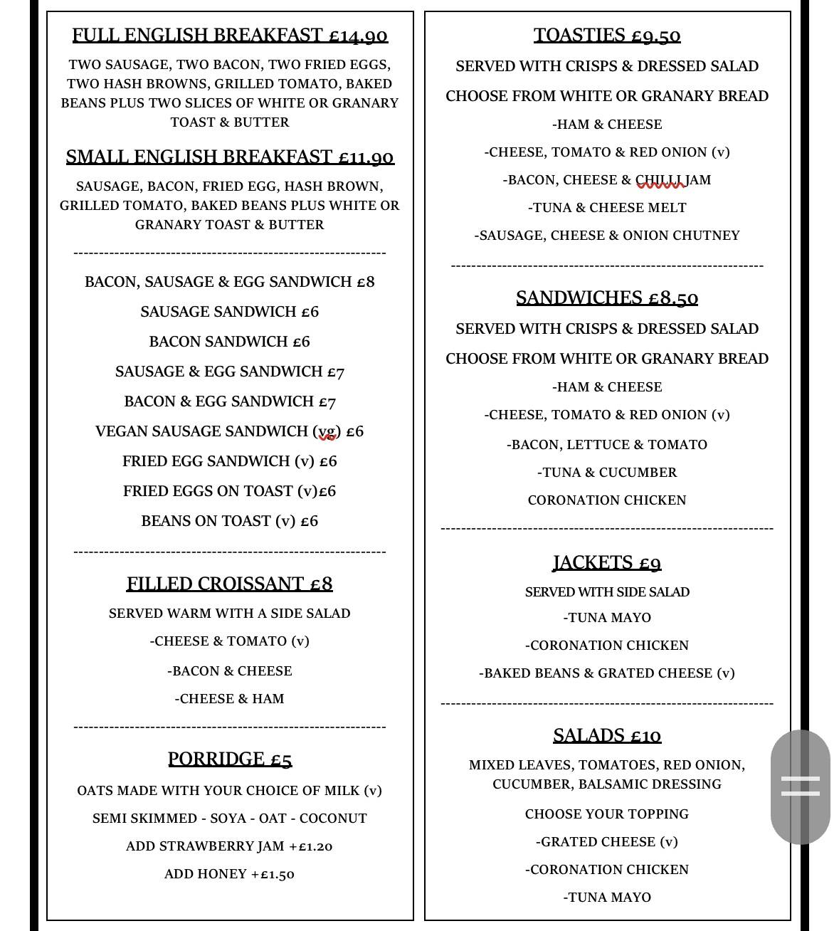 Menu at Central Park Cafe, Chelmsford