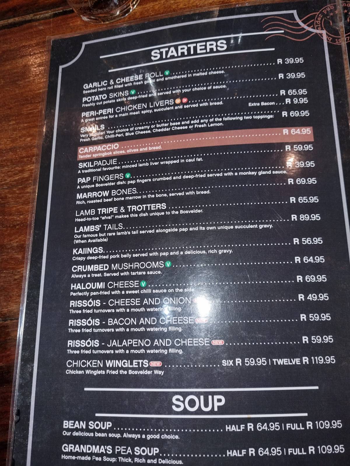 Menu at Bosvelder Pub & Restaurant, Centurion
