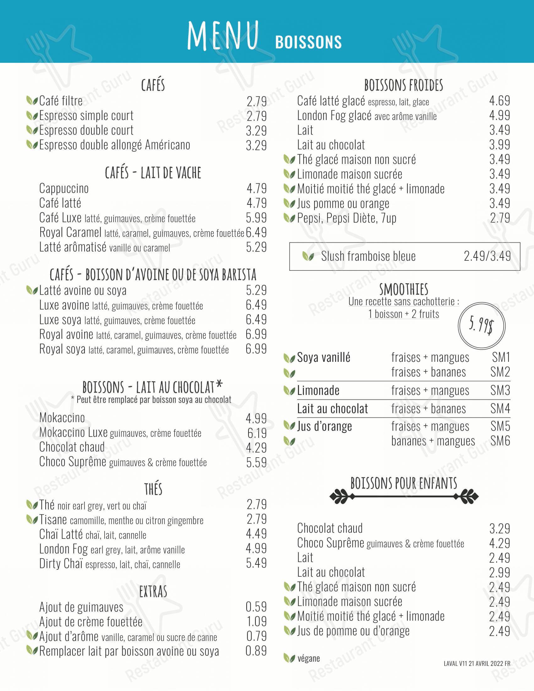 Menu au Céramic Café Studio Laval, Laval