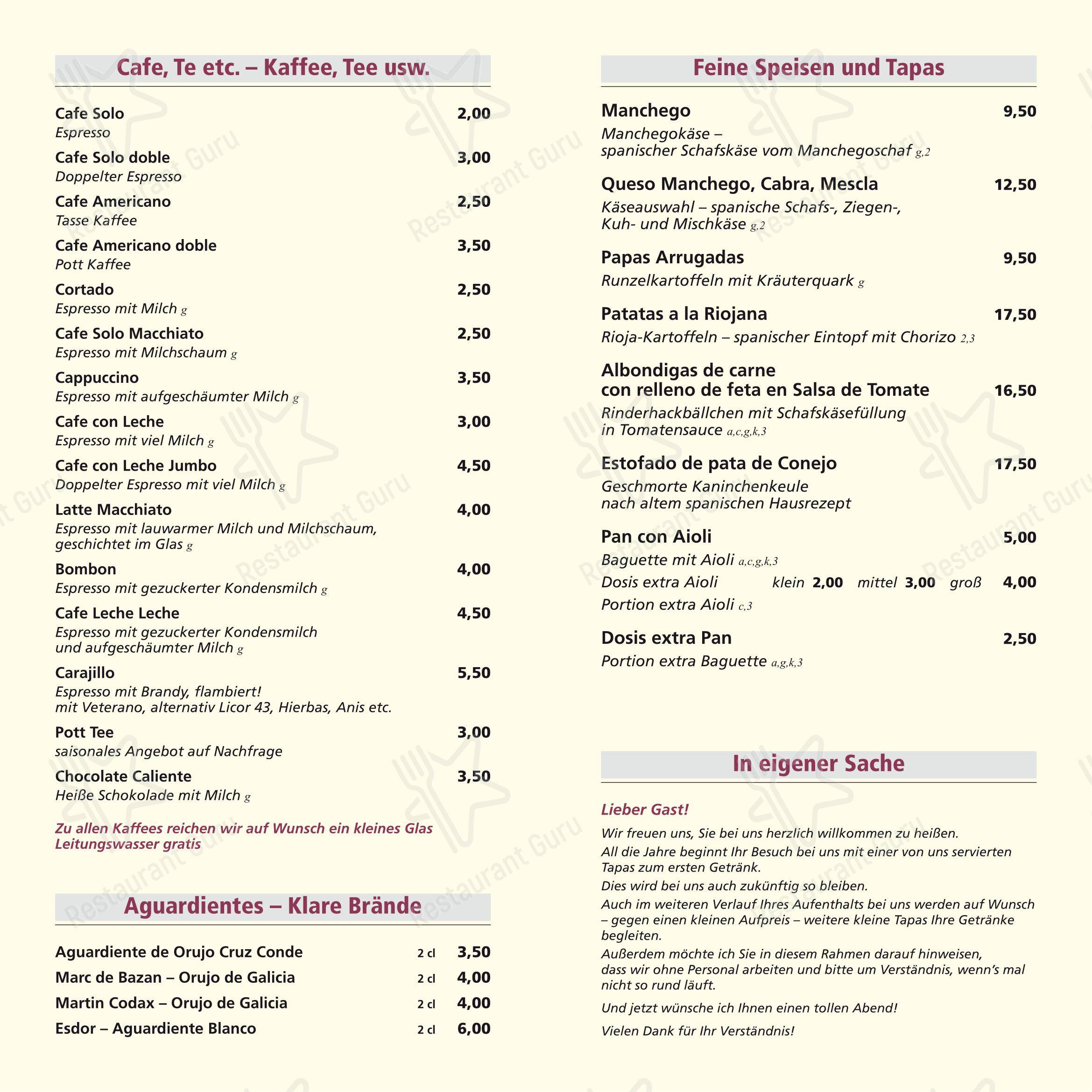 Speisekarte von Cervantes pub & Bar, Bad Essen