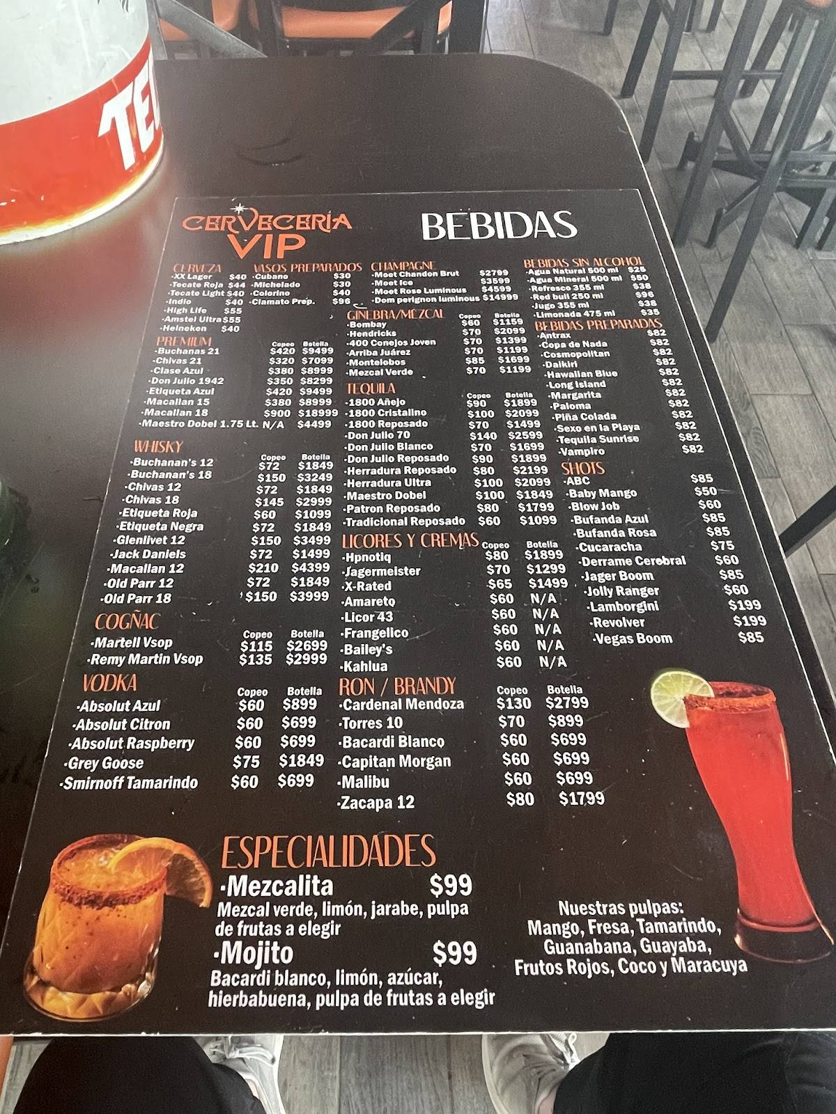 Menu at Cervecería VIP club, Ciudad Juarez