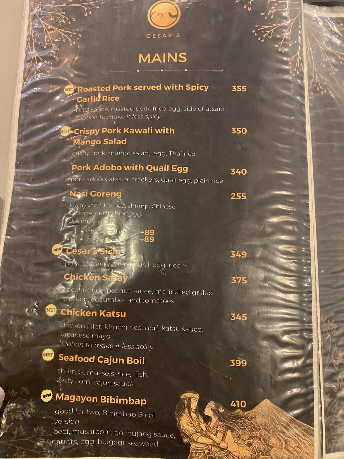 Menu at Cesar's pub & bar, Legazpi City