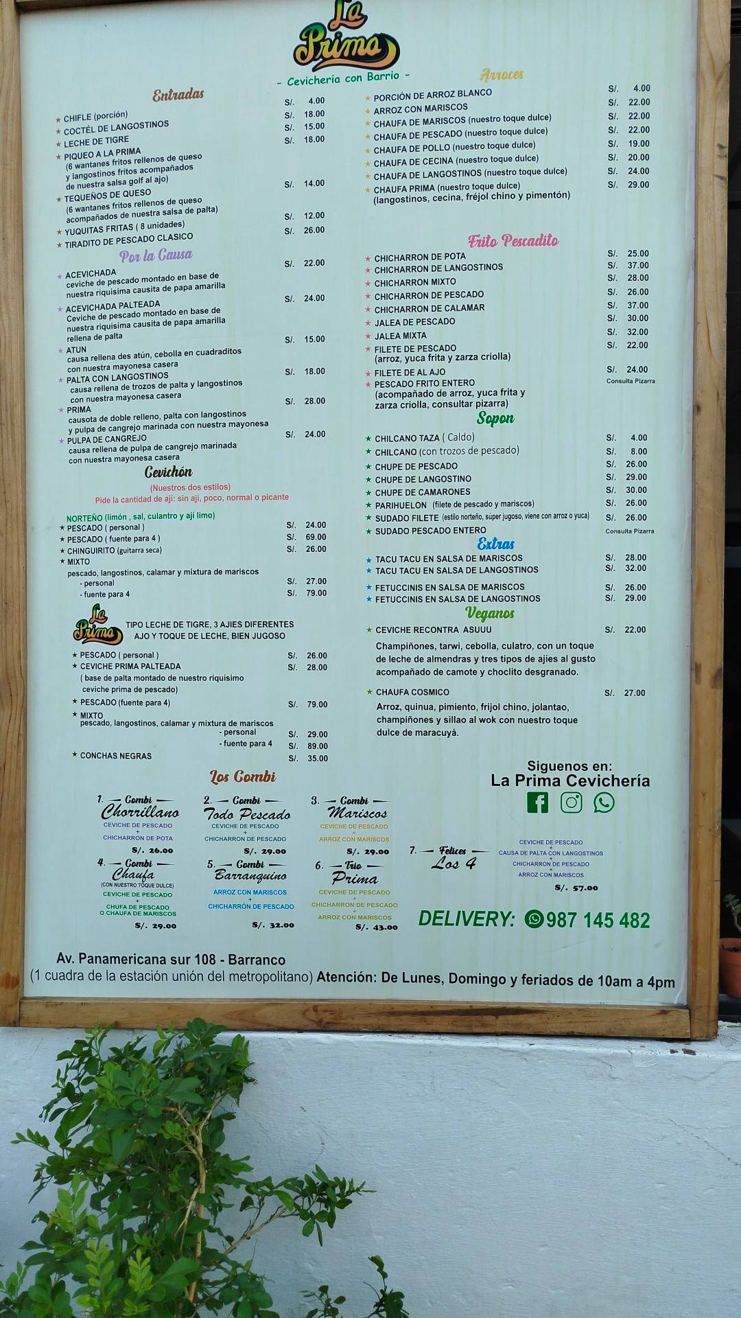 Carta del restaurante Cevicheria La Prima, Barranco, Av. Panamericana ...