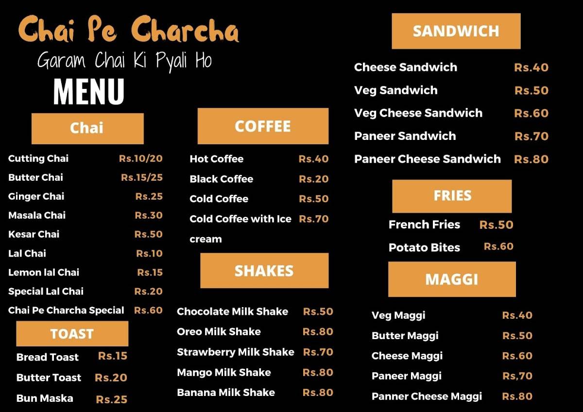 Menu at Chai Pe Charcha, Guwahati, Main Road