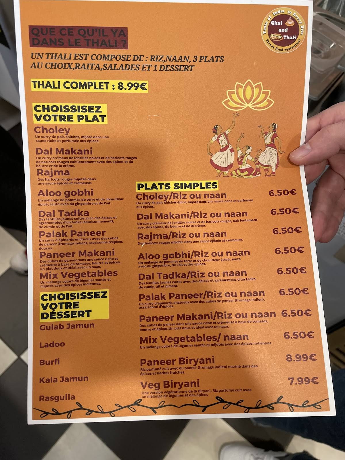 Menu at Chai and Thali restaurant, Etterbeek
