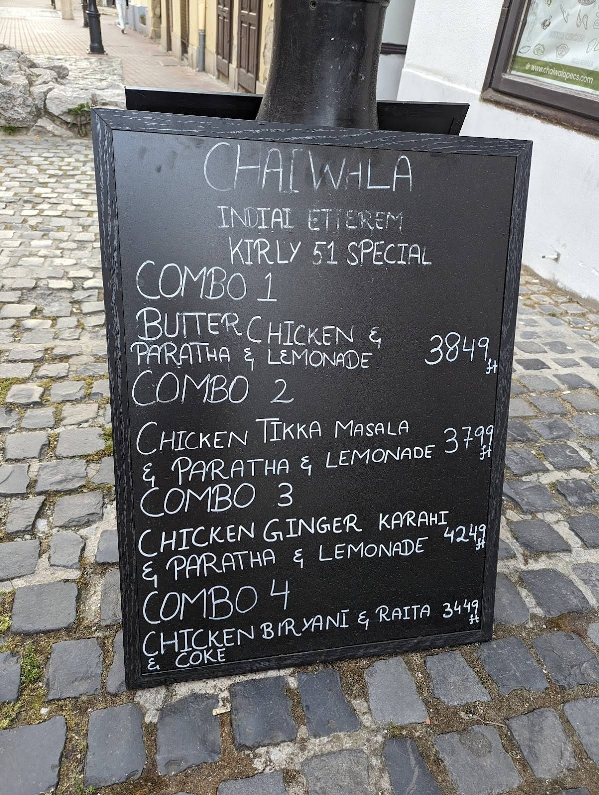 Menu at ChaiwalaPecs restaurant, Pécs