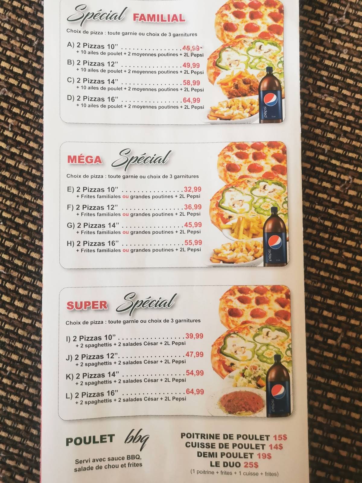 Menu au Chambly Pizzeria, Chambly