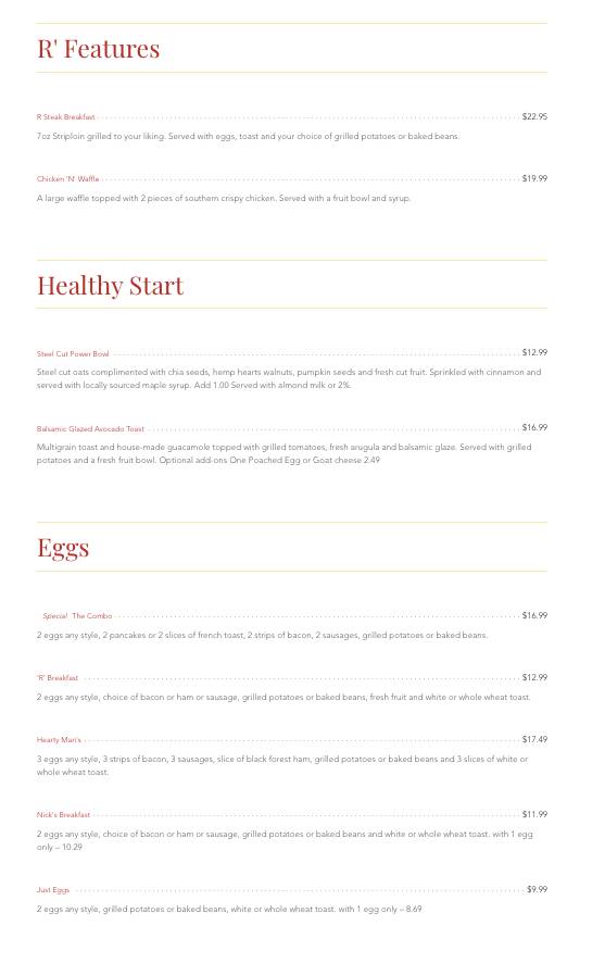 Menu at Chances R Restaurant, Ottawa