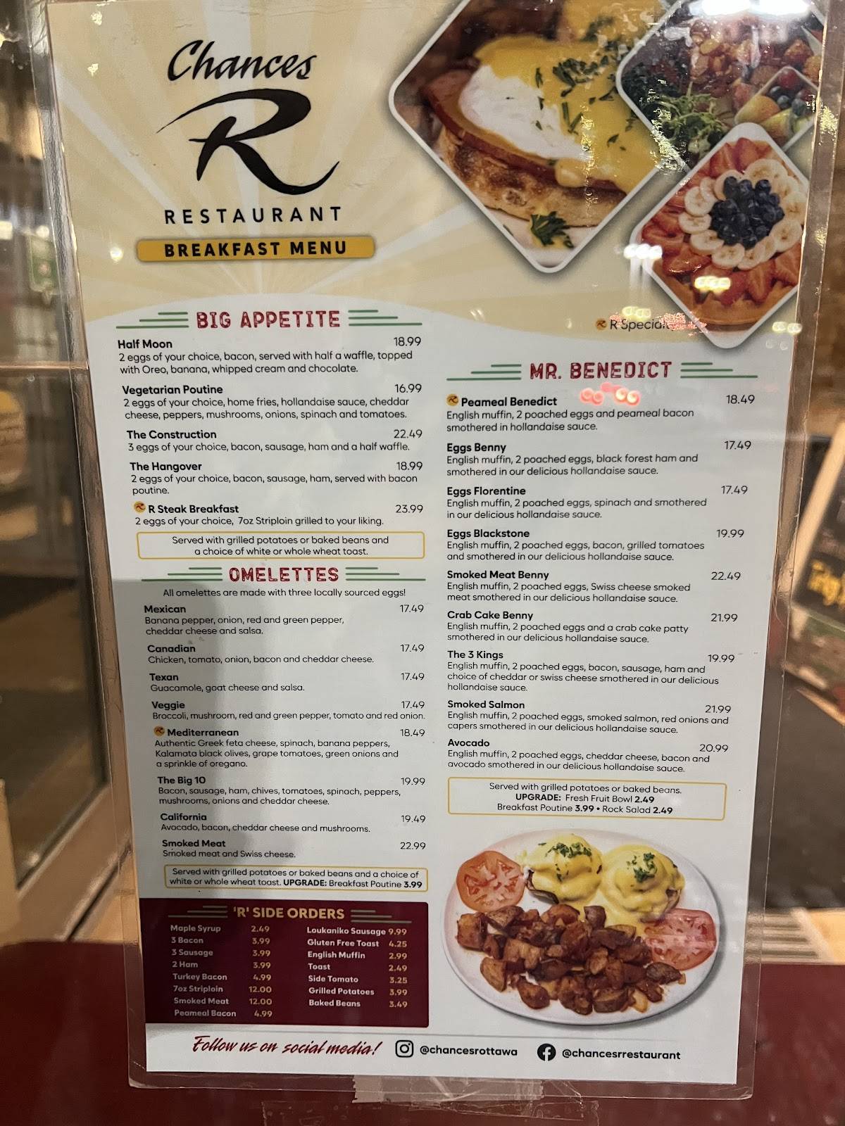Menu at Chances R Restaurant, Ottawa