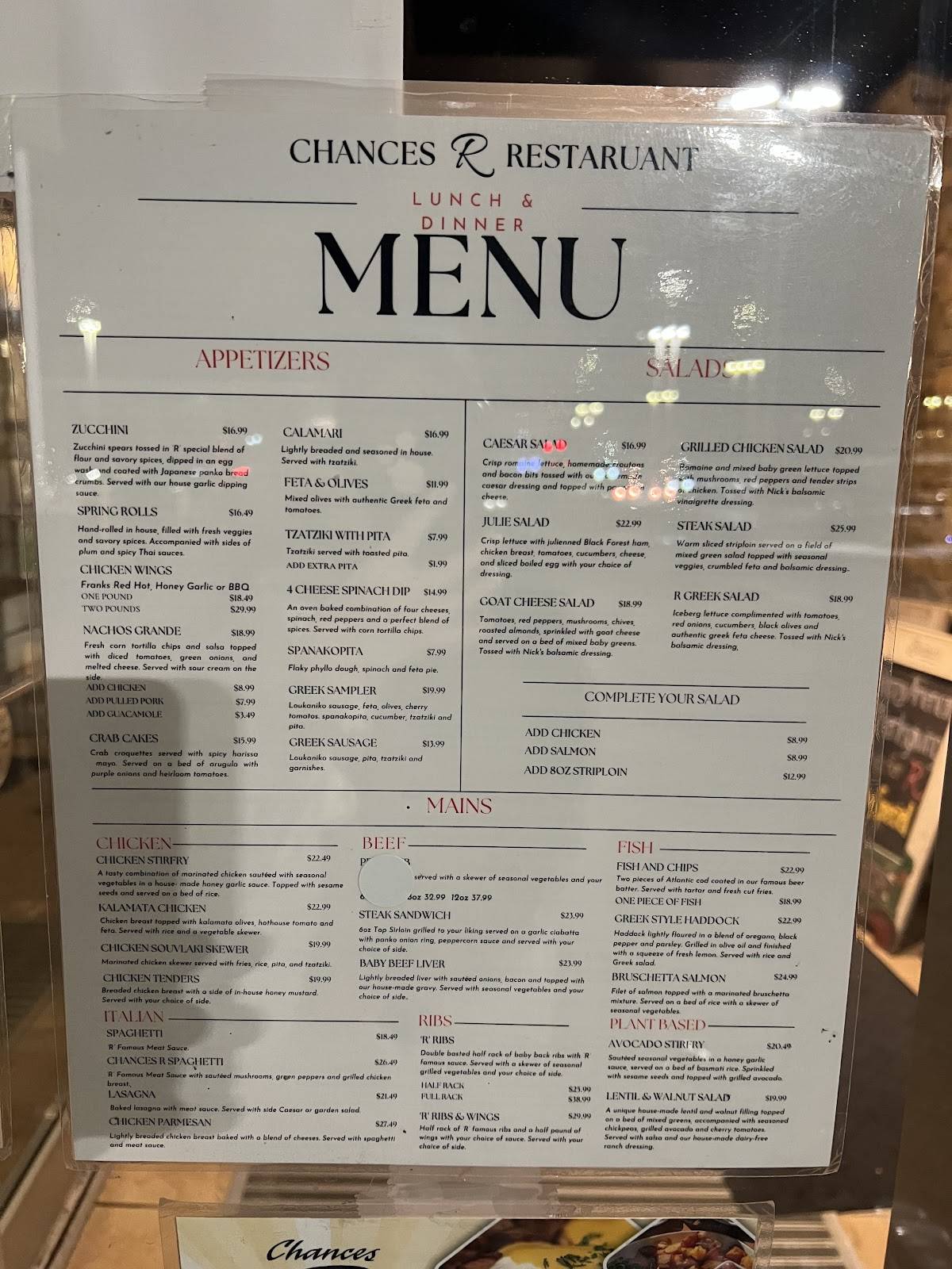 Menu at Chances R Restaurant, Ottawa