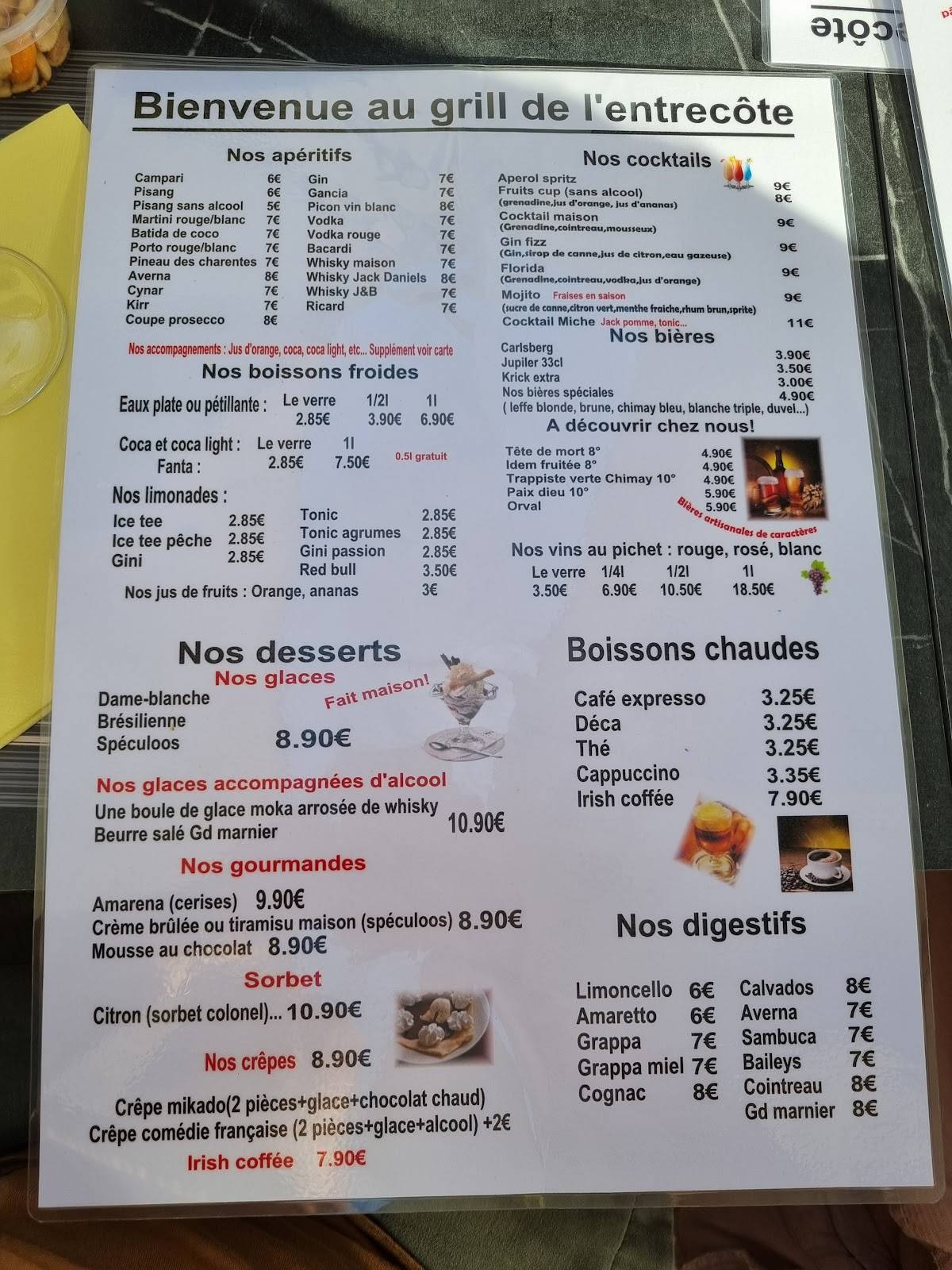 Menu au Le Grill de l’Entrecôte, Charleroi, Chau. de Thuin 95