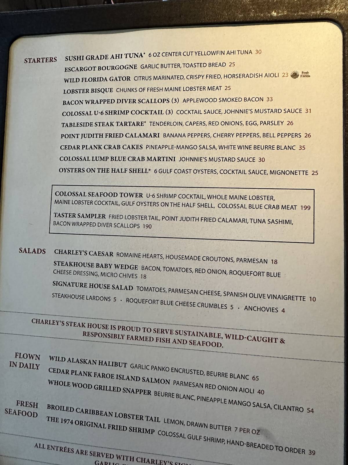 Menu at Charley's Steak House steakhouse, Tampa
