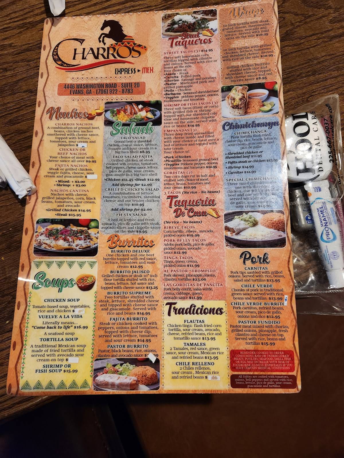 Menu at Charros Express Mex restaurant, Evans