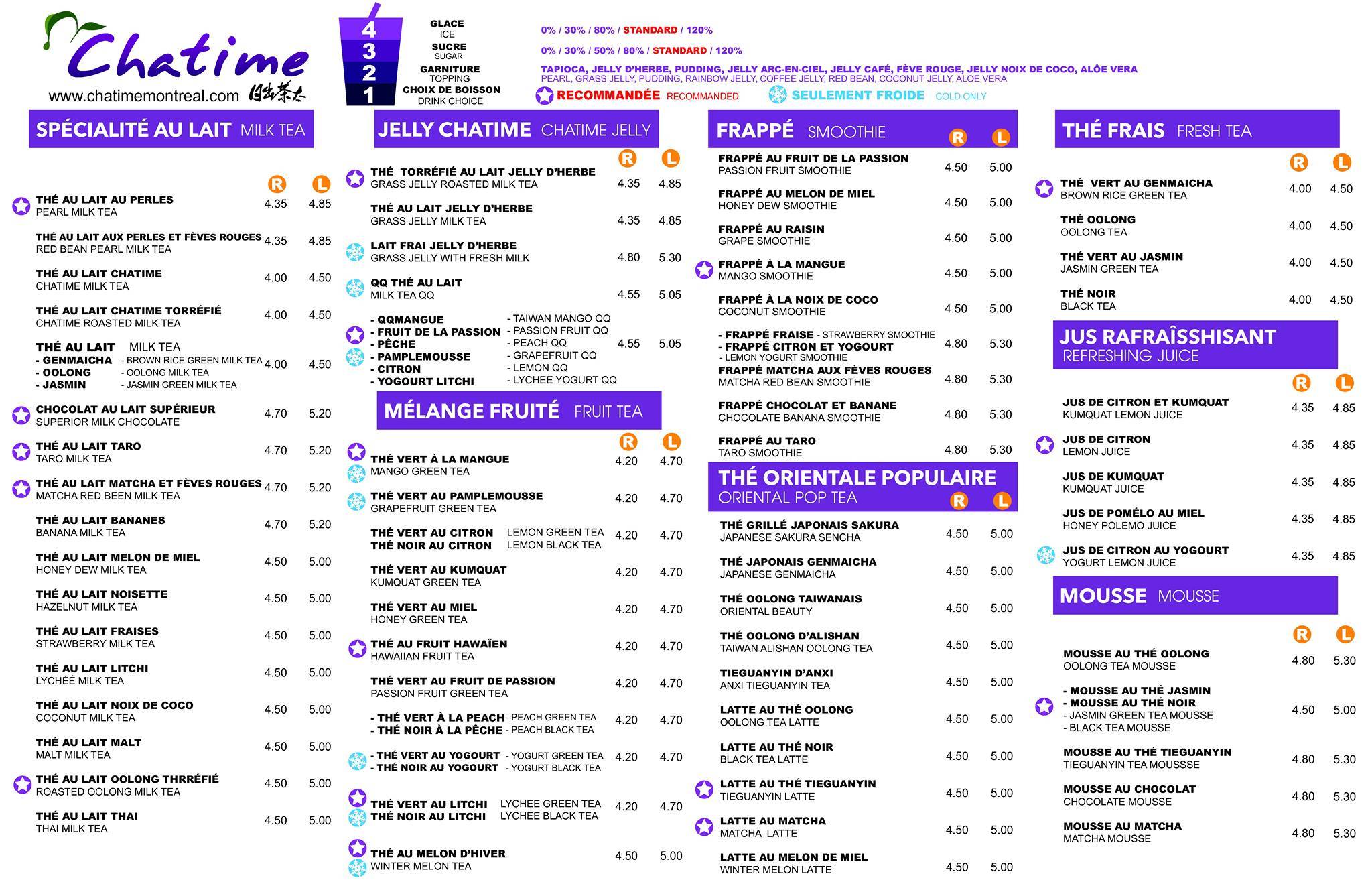 Menu au Chatime Bubble Tea pub et bar, Montréal, Park Ave
