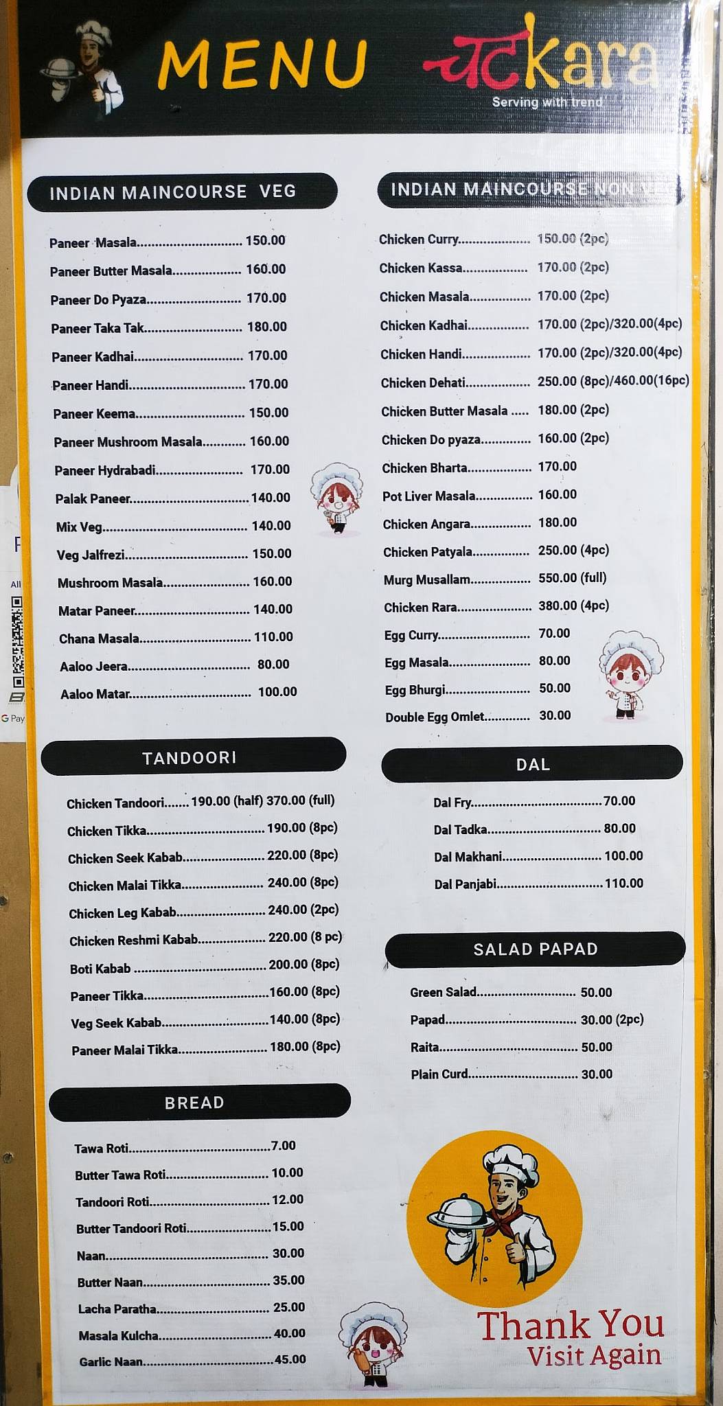 Menu at Chatkara, Bokaro Steel City