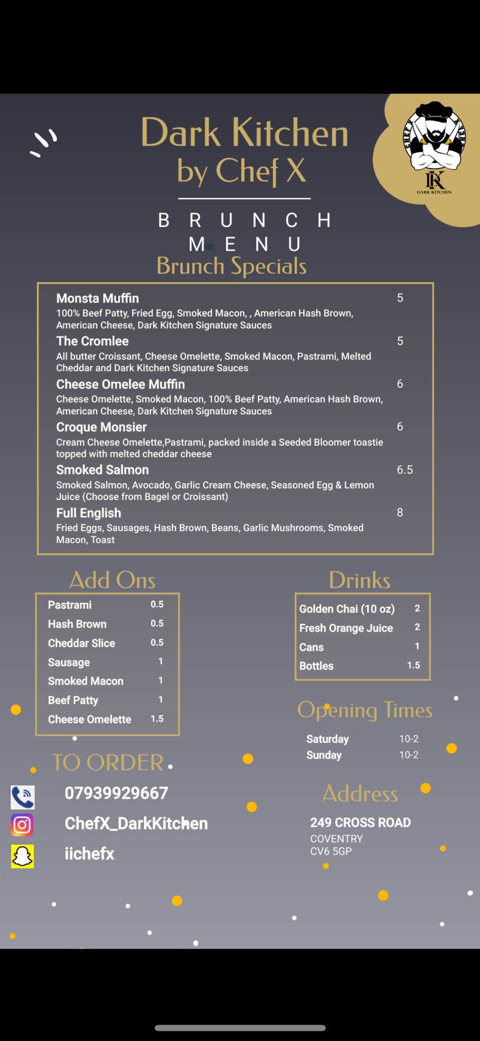 Menu at Chef X Cafe, Coventry