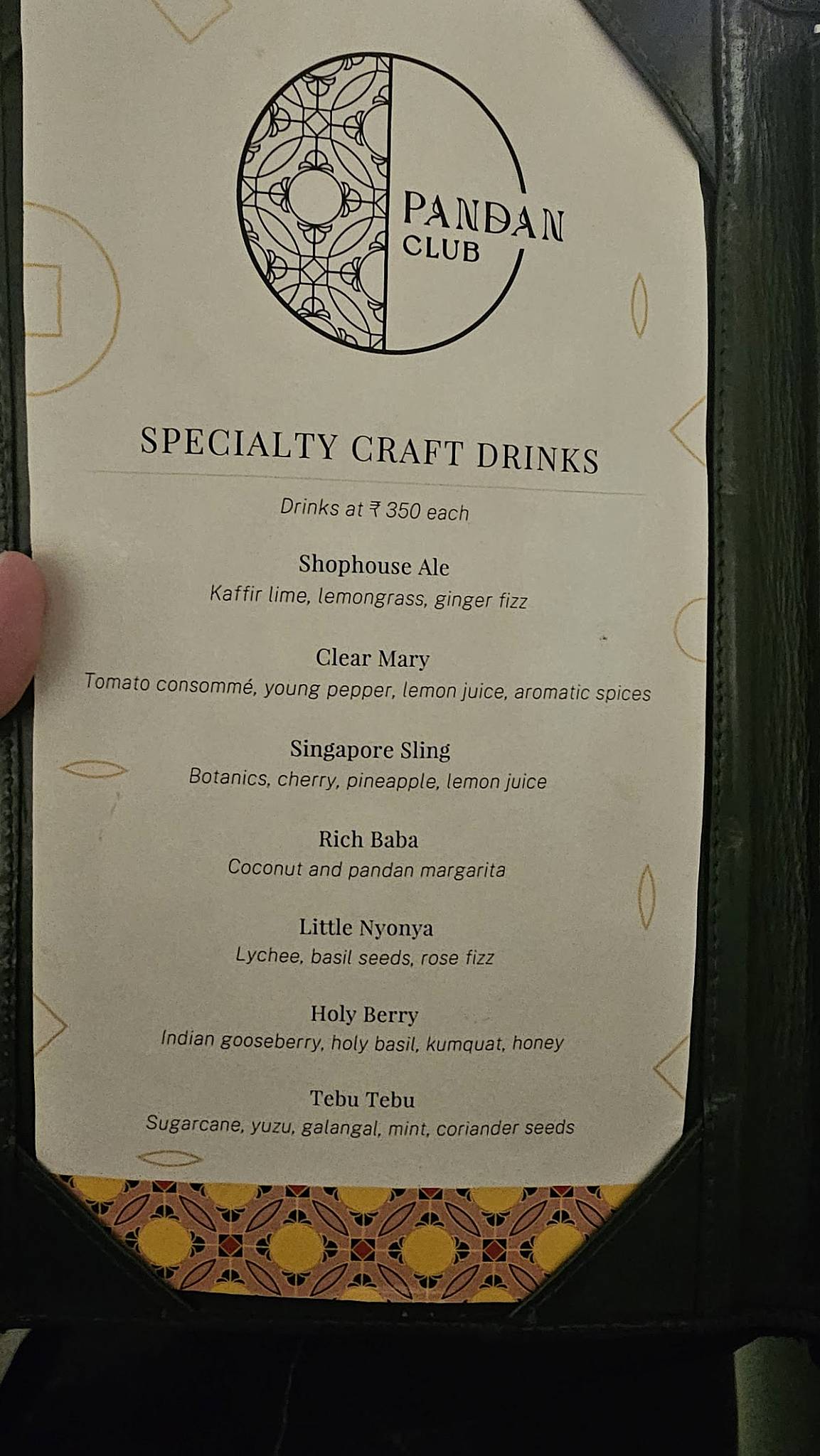 Menu at Pandan Club, Chennai