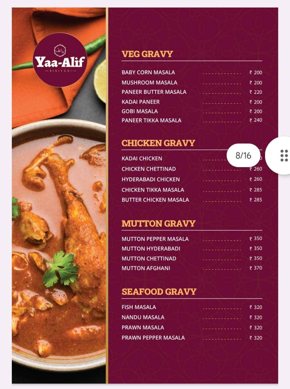Menu at Yaa Alif Biriyani Velappanchavadi, Chennai, 85/87