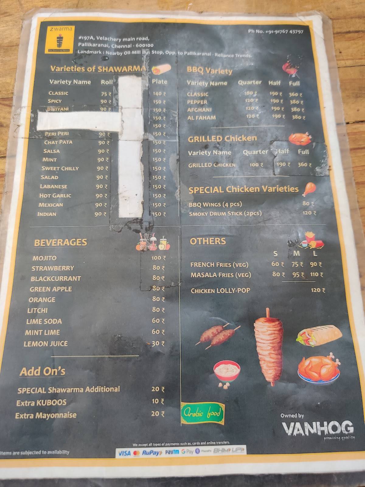 Menu at Zwarma, Chennai, Landmark