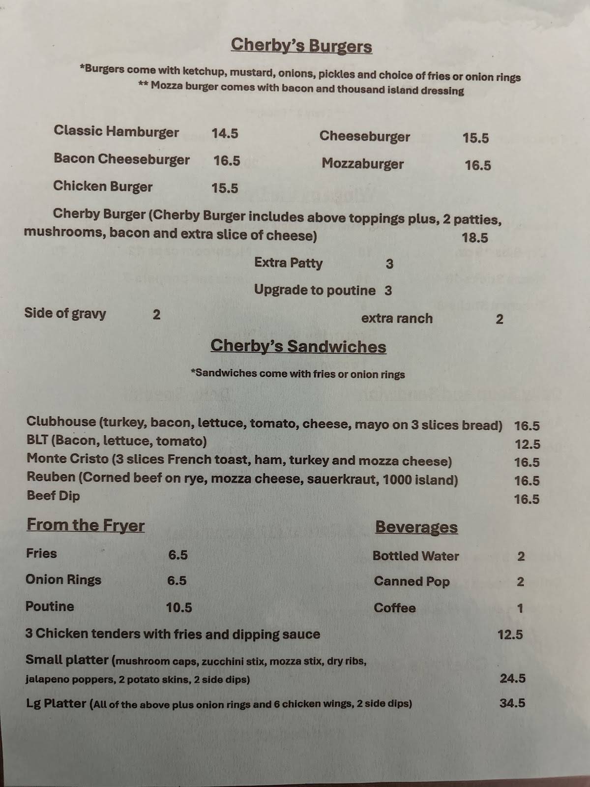 Menu at Cherby’s Cafe, Drumheller