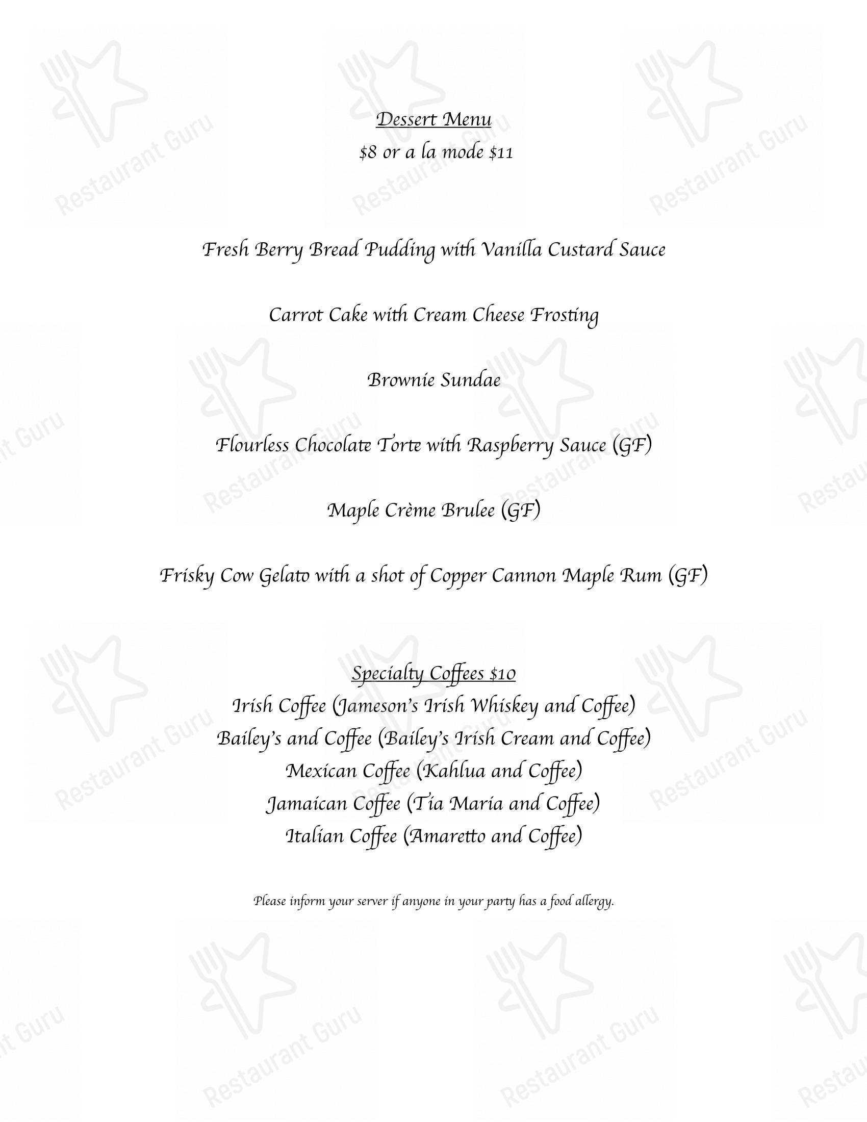 Menu at Chesterfield Inn restaurant, Chesterfield