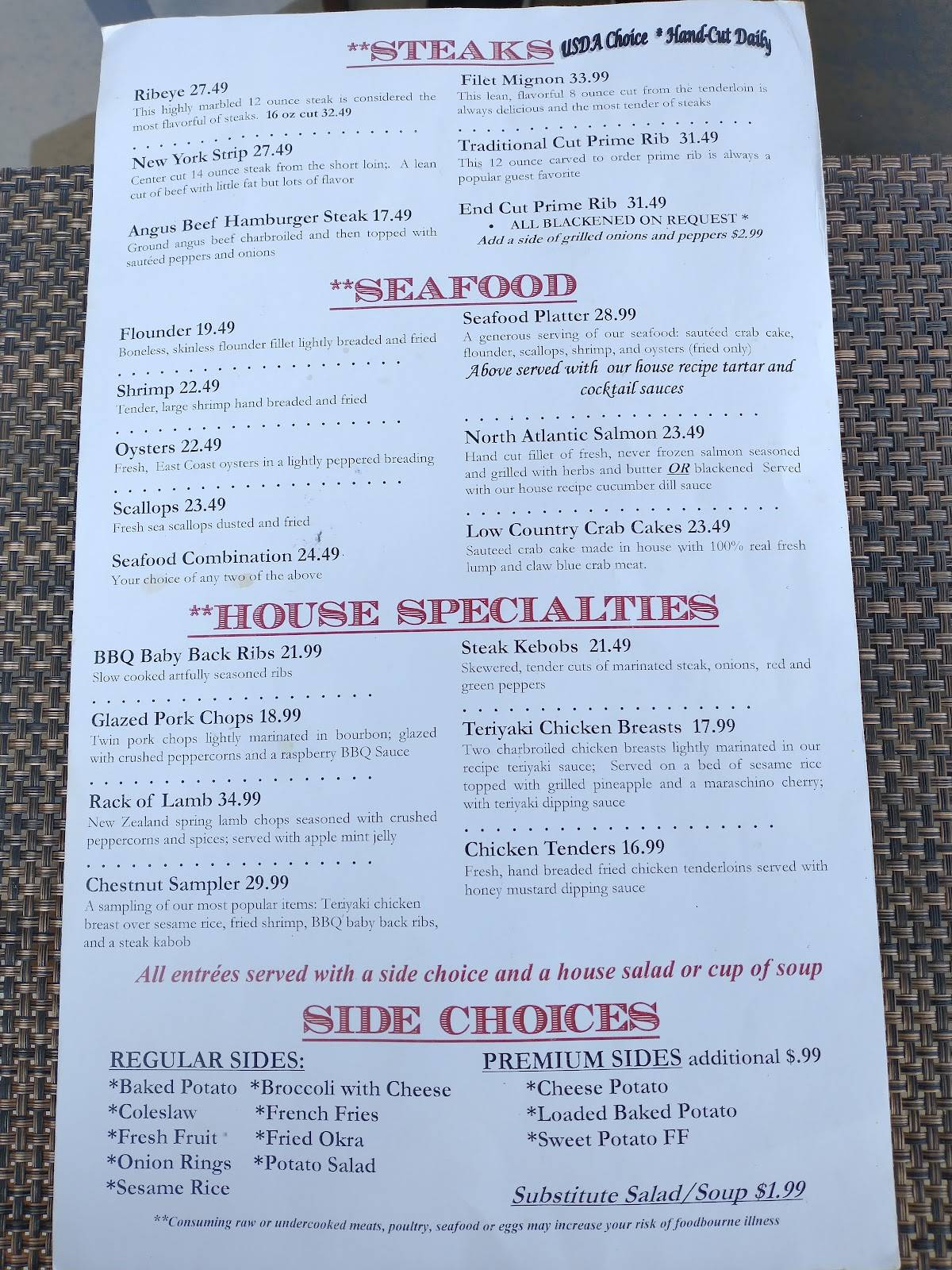 Menu at Chestnut Grill restaurant, Orangeburg