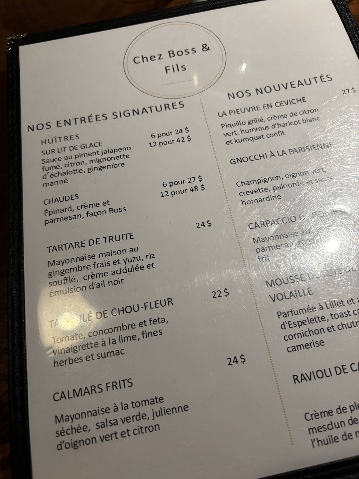Menu au Chez BOSS & Fils restaurant, Montréal
