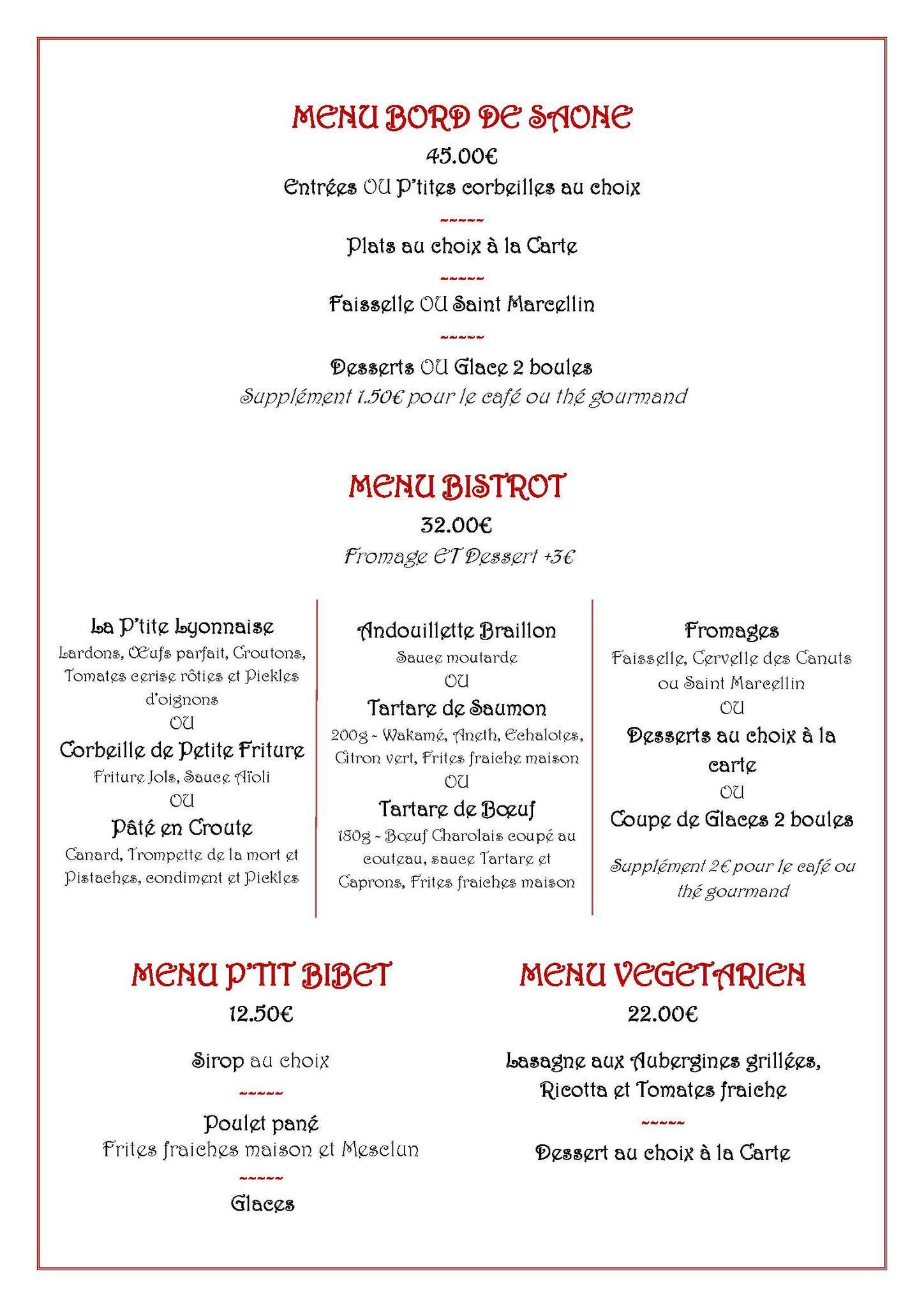 Menu au Chez Bibet restaurant, Saint-Bernard, lieu dit du bourg