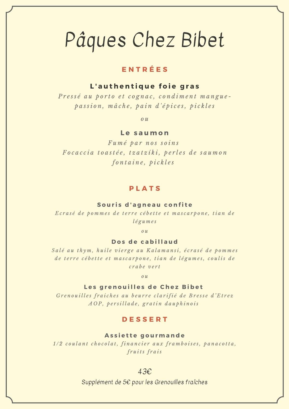 Menu au Chez Bibet restaurant, Saint-Bernard, Rue de la Saône